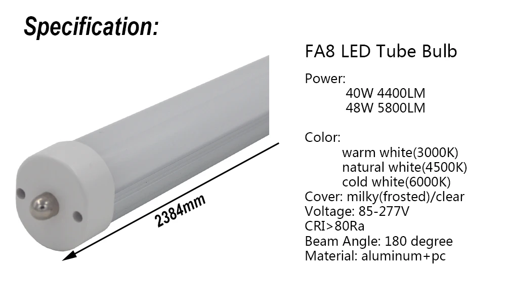 LED Tube Bulb 8ft 2.4m 40W 48W Rotated Base FA8 R17D(HO) Lamp T8 T10 ...