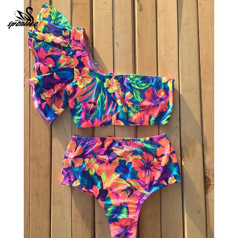 FREE SHIPPING New Sexy One Shoulder Bikinis Women Swimsuit Ruffle ...