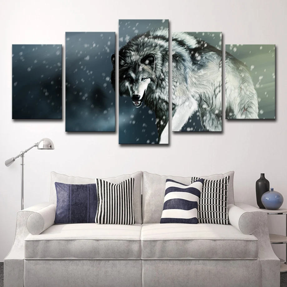 Lobo Neve 5 Peças HD Pintura Da Lona de Arte Da Parede Da Floresta ...