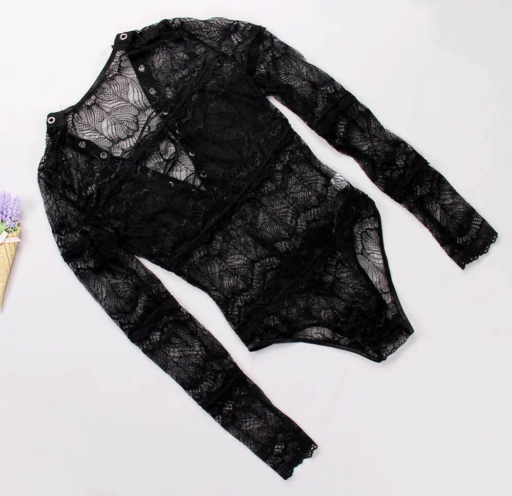 Sexy Mesh Lace Bodysuit Body Top Long Sleeve Up Bandage Bodysuits ...