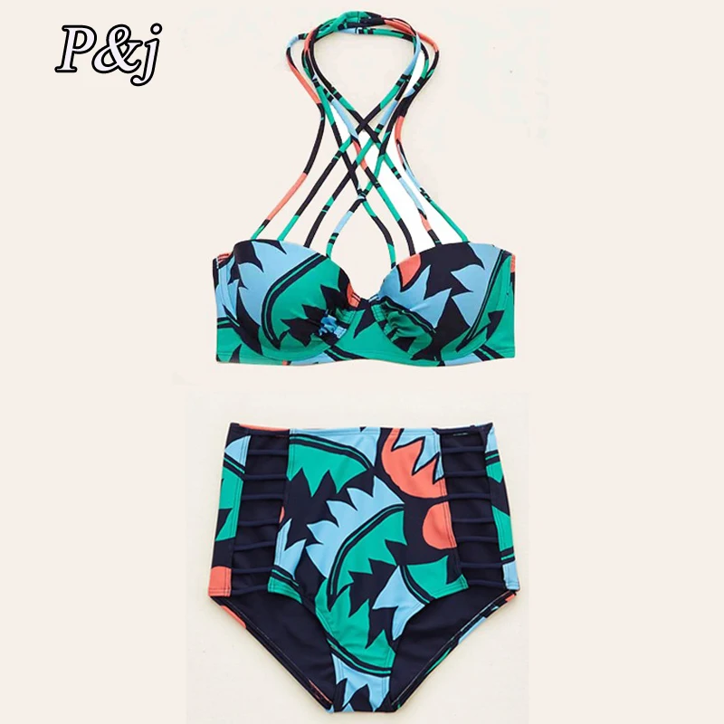 Pandj High Waist Push Up Bikinis Two Pieces Swimsuit Women Swimwear 2017