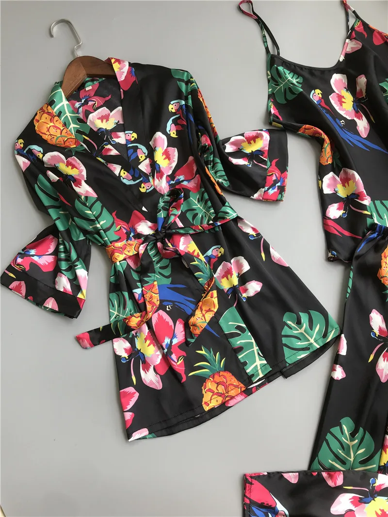 Fashion Print Satins Silk Pajamas Sets Women Korea Sexy Robes 3 Piece