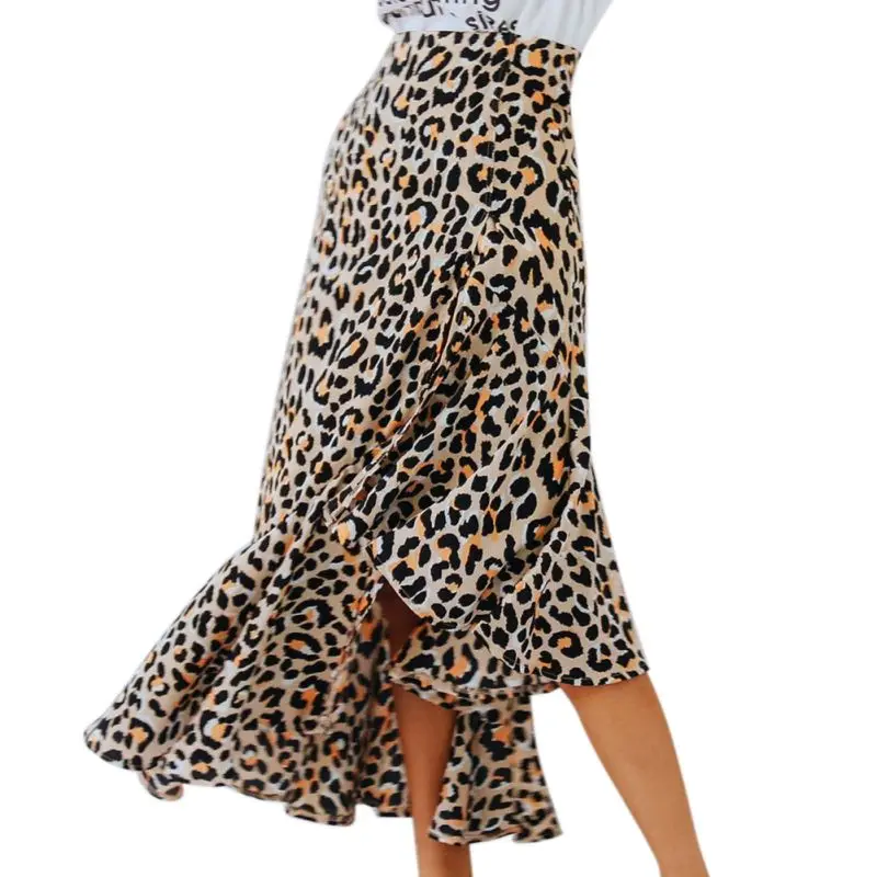 Women Sexy Leopard Print Side Splits Skirts High Waist Ruffled Retro