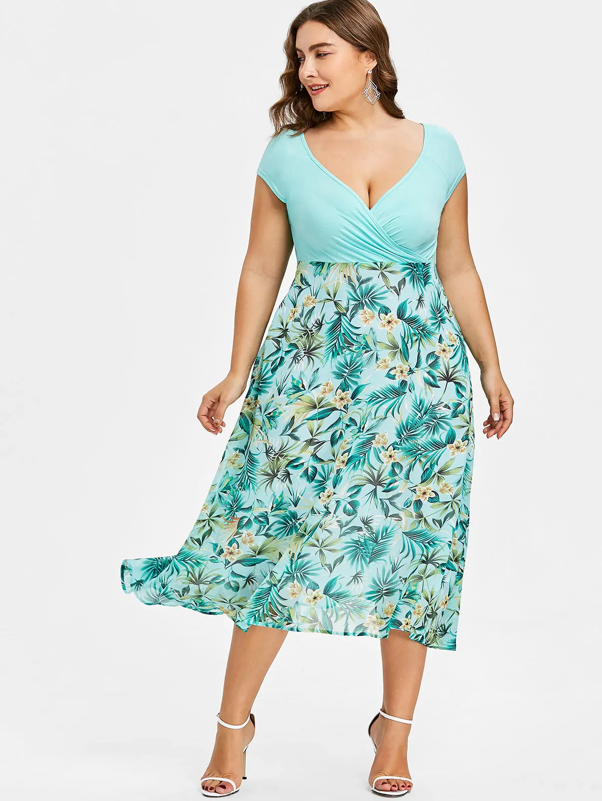 Gamiss Women Plus Size 5XL Tropical Floral Print V Neck A Line Midi