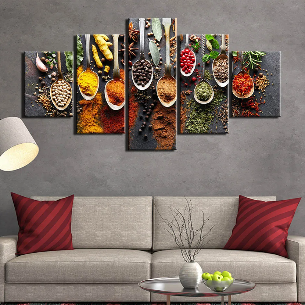 Cuadro de pared de comida para cocina, 5 paneles, especias, pared de ...