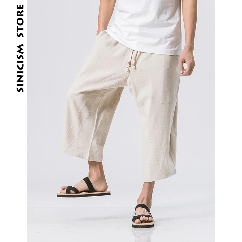 Sinicism Store Mens Cotton Linen Harem Pants Male Summer Casual Calf