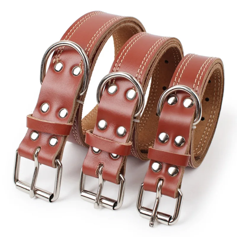 Strong Genuine Cow Leather Pet Dog Collar Solid Color Double Lines ...