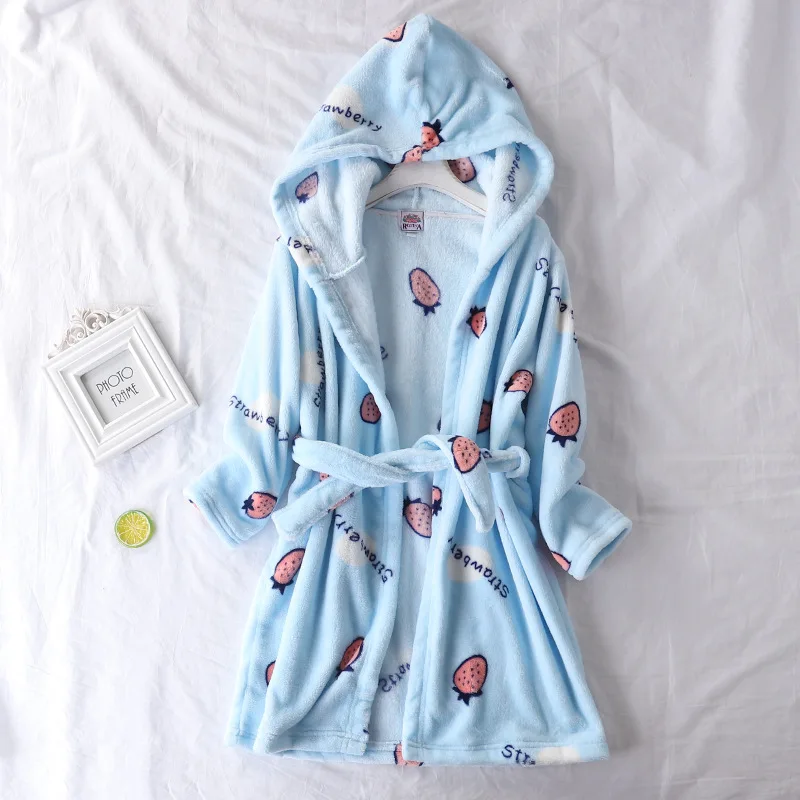 Flannel Robe For Kids Winter Thick Warm Bathrobe Nighty Cute Strawberry ...
