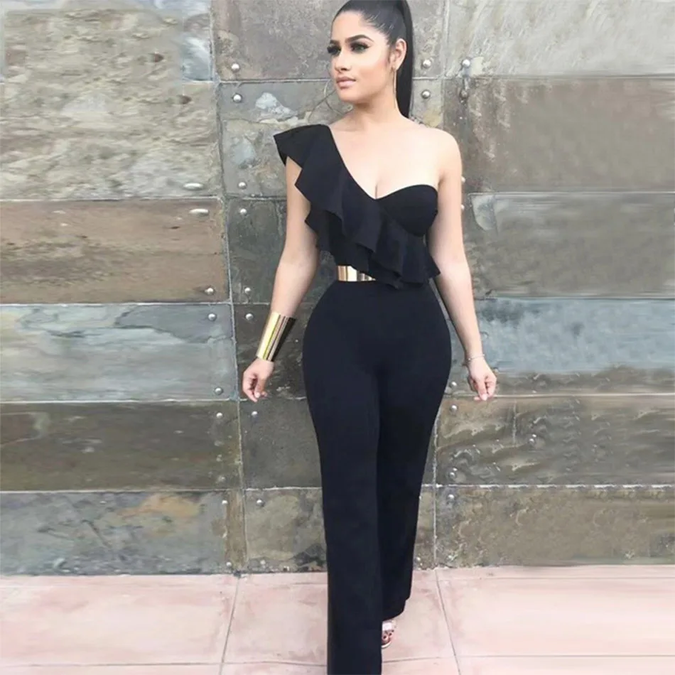 Seamyla New Arrive Sexy Black Jumpsuits Women One Shoulder Bandage