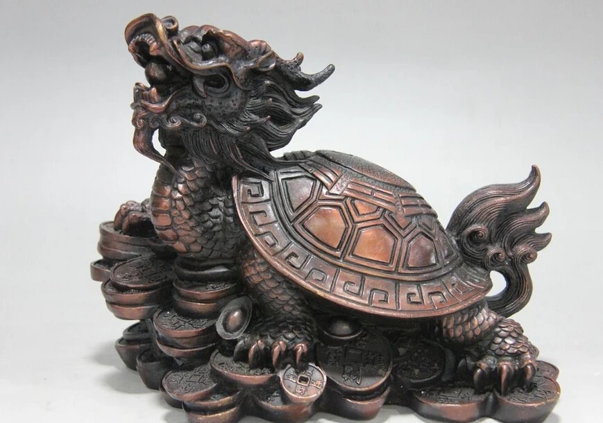 Chinese Folk Red Bronze Copper Wealth Money Dragon Turtle God Beast Art ...