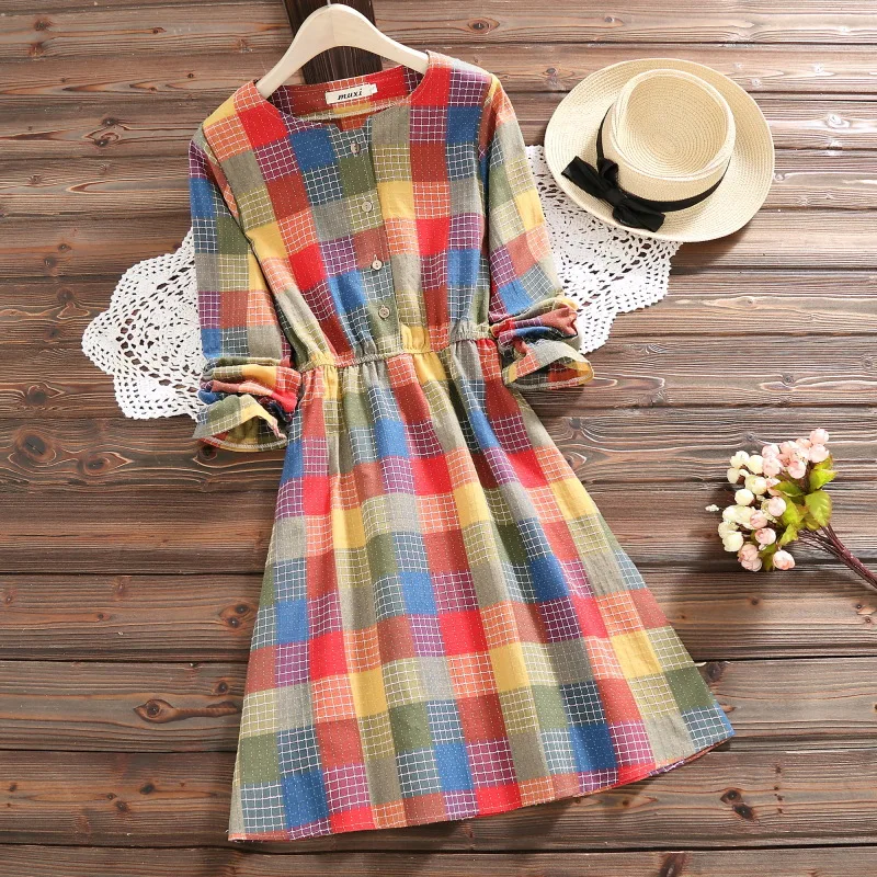 2018 Spring Colorful Plaid Dress Women Sweet Cotton Linen Female Button ...