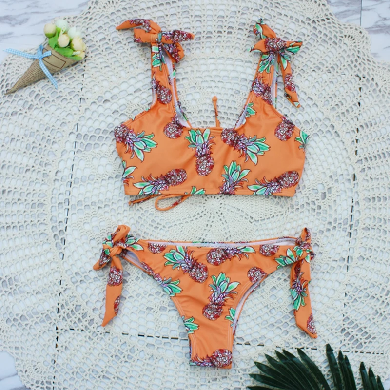 Playful Sexy Lace Up Bandage Print Biquini Bathing Suit High Cut