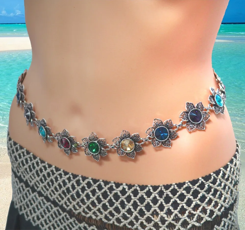 Summer Rhinestone Inlay Waist Chains Carved Flower Belly Belt Long