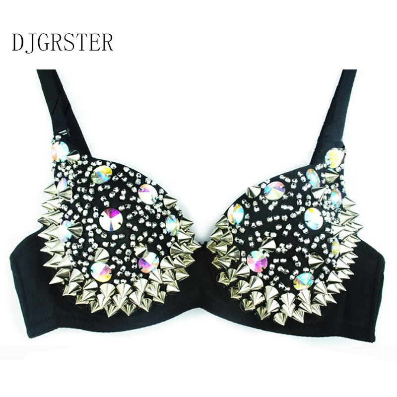 Djgrster Hot Bras For Women New Punk Lady Goth Silver Studded Bra Crop ...