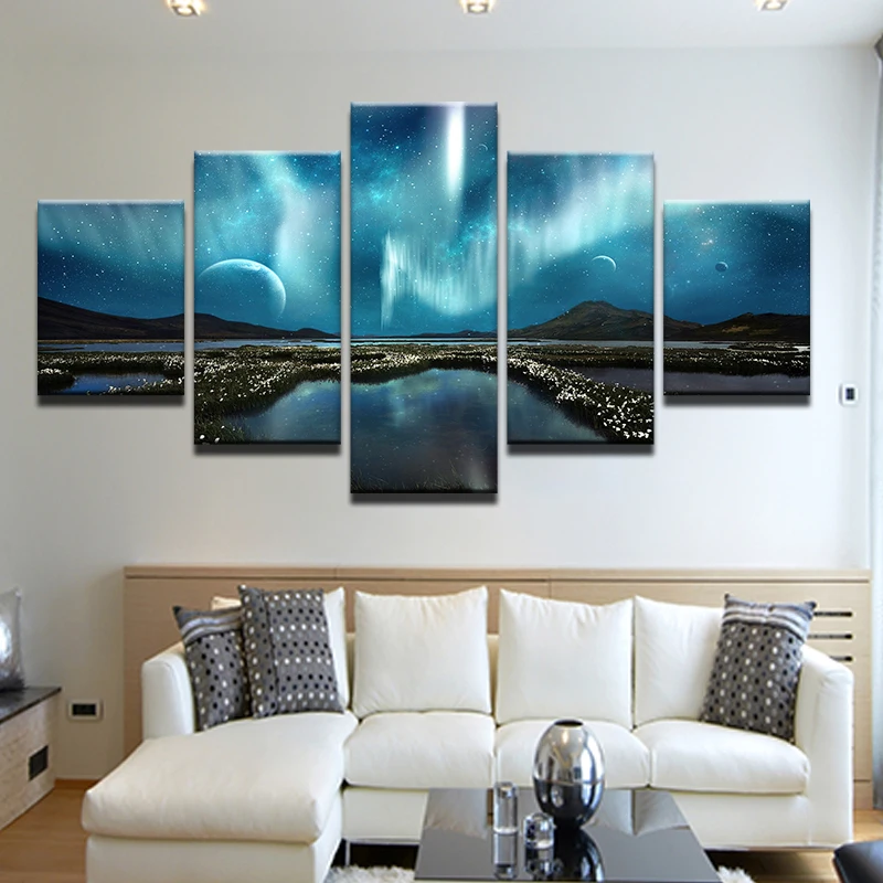 5 Panels Modular Picture Canvas Painting Mountain Lake Moon Nature ...