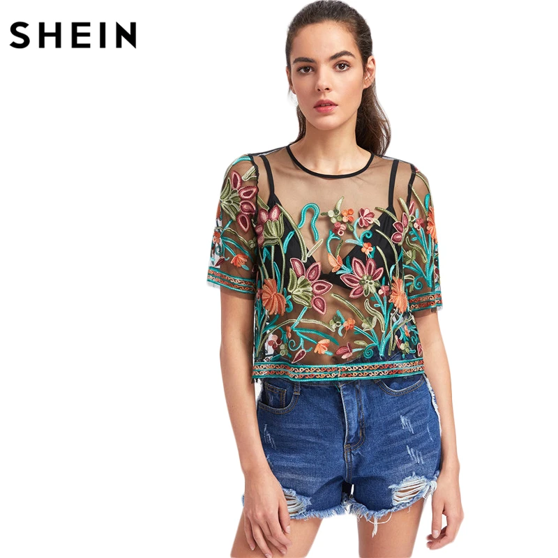 Shein Sexy Blouses For Women Buttoned Keyhole Botanical Embroidered