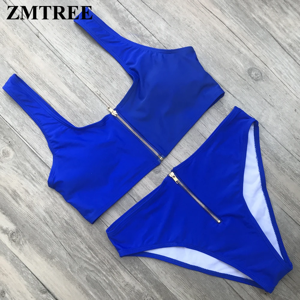 ZMTREE Swimwear Crop Top Bikini Set Women Zipper Swimsuit High Waist ...