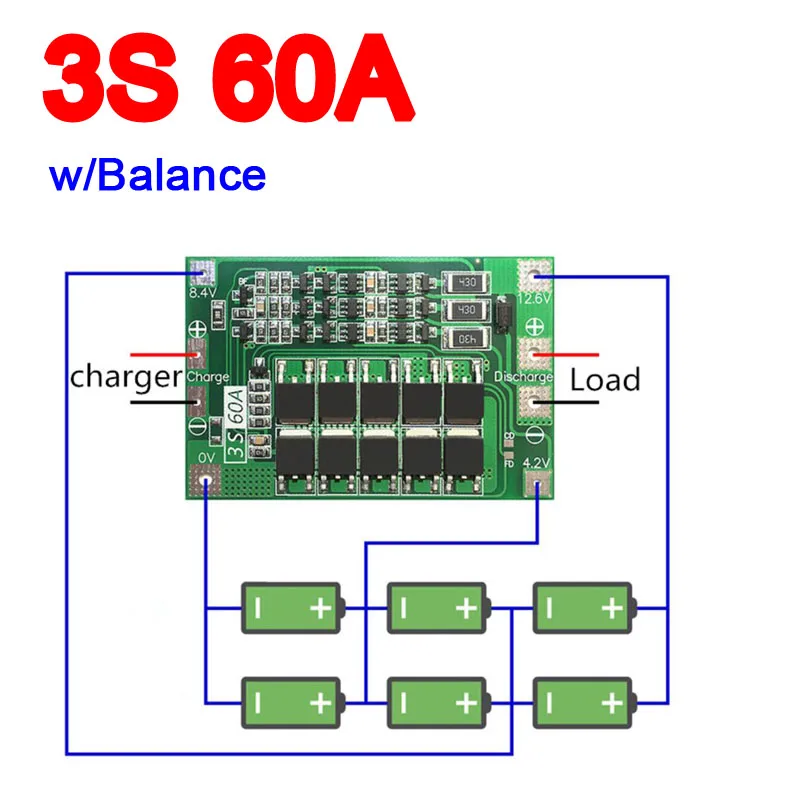 3S 60A w/ Balance Bms Board 3 CELL 11.1V 12.6V 3.7V 18650 Li Ion Lithium Battery Protection ...