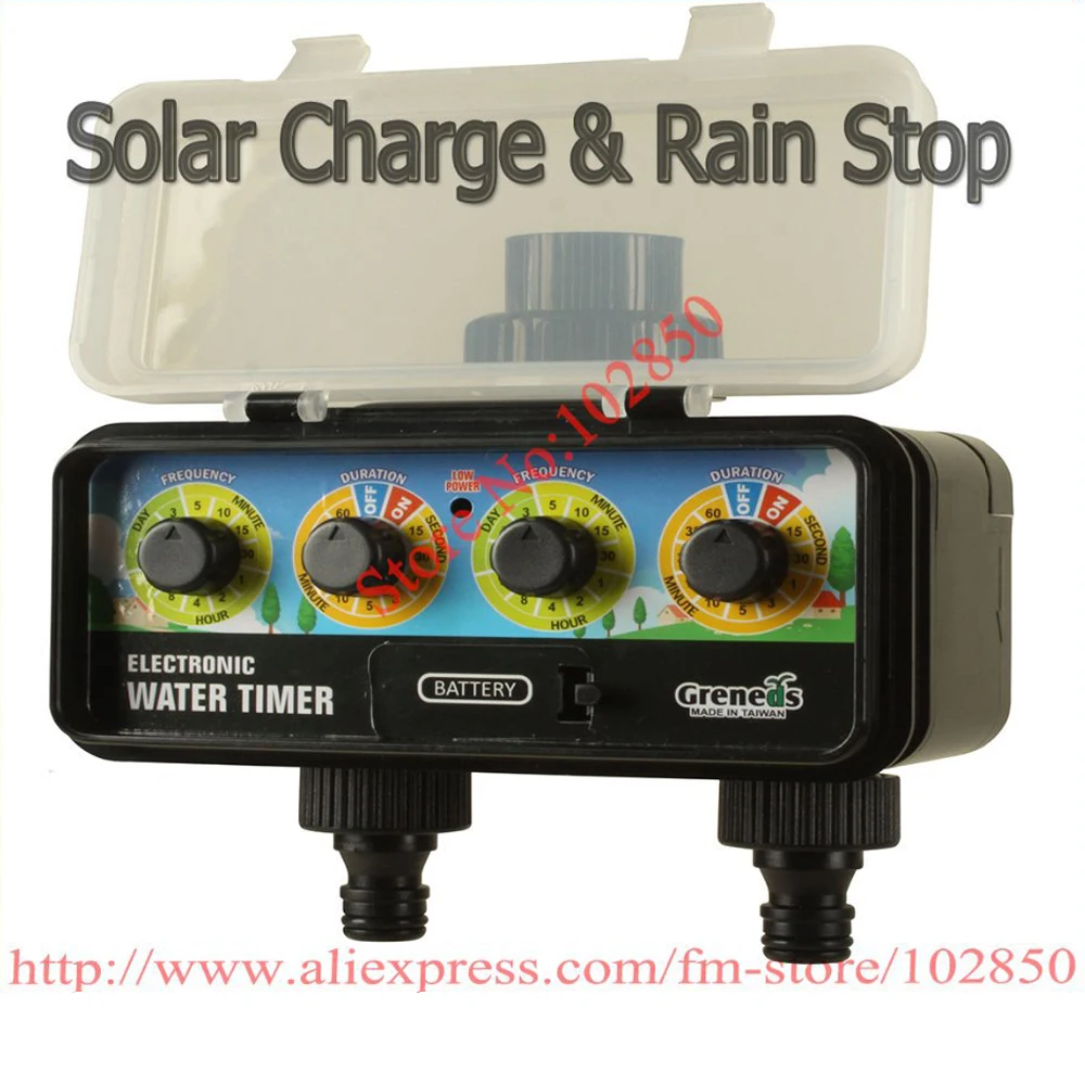 2-Zone 2-mode Garden Water Timer with solar charge and rain stop ...