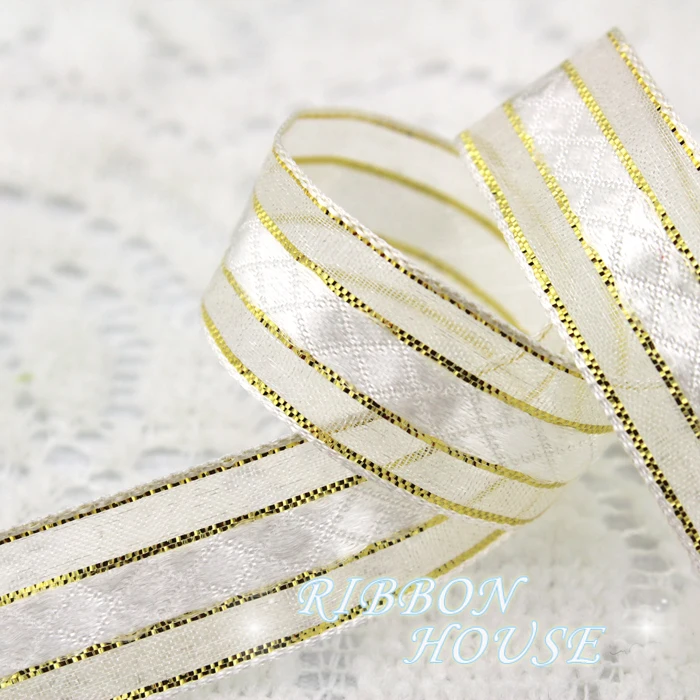 5/8" (15mm) White gold edge ribbon high quality gift packaging ribbon ...