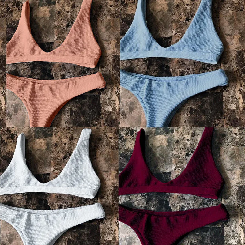 High Quality Solid Bikinis Set Women Push Up Padded Bra Bandage Bikini