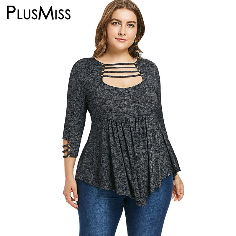 Buy Plusmiss Plus Size 5xl Cut Out Lace Up Tunic Tops Women Long Sleeve Autumn
