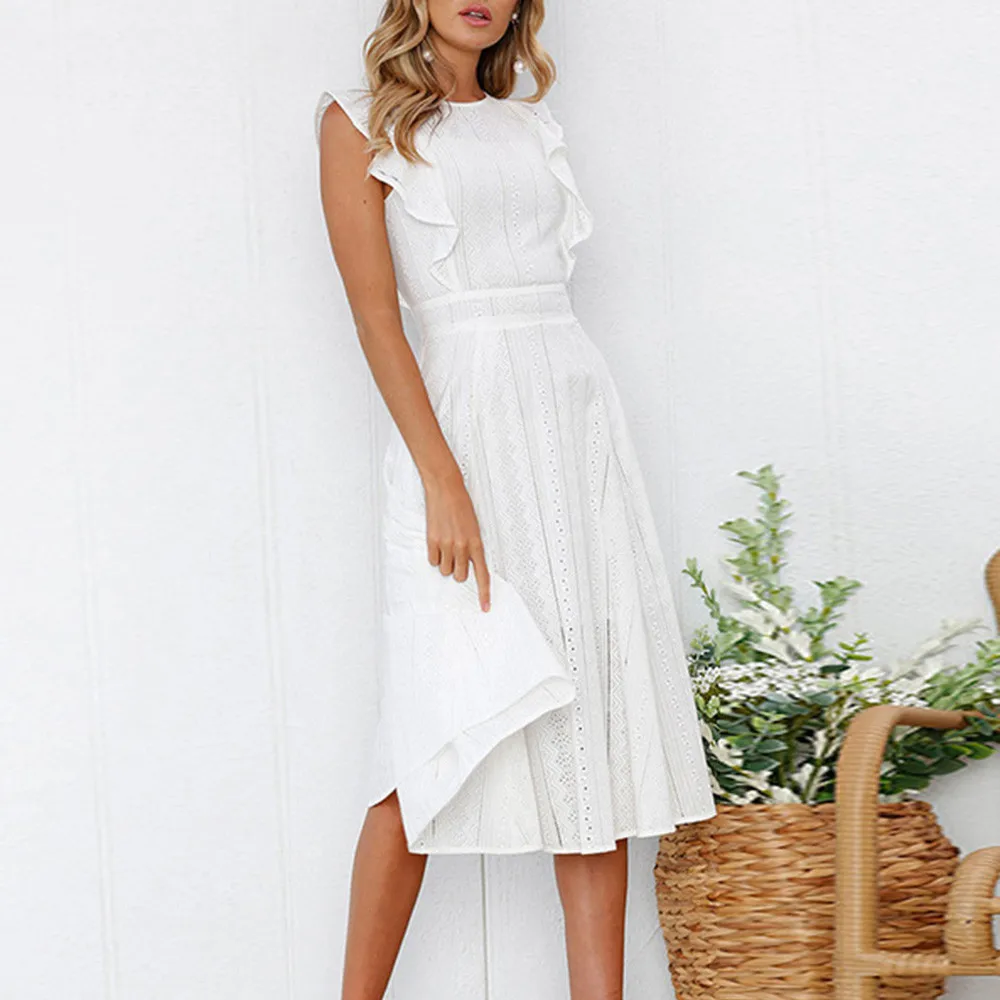 Summer Sexy Solid Waist Sleeveless Dress Ruffled Zipper Irregular Round