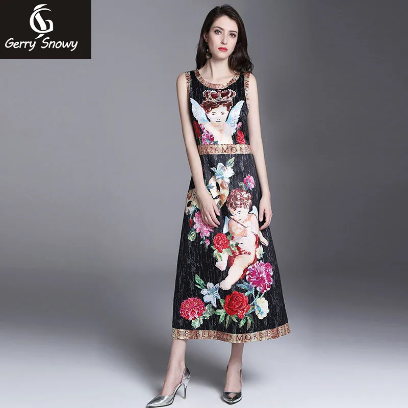 Summer dress female long 2019 fashion Black printing women's dresses ...