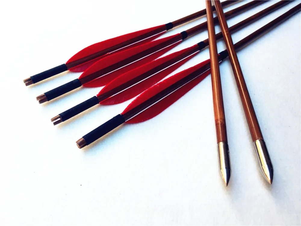 6pcs handmade full red turkey feather bamboo arrows for archery longbow ...