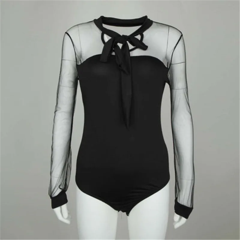 Sexy Women Long Sleeve Lace Up Bow Mesh Patchwork Bodysuit Leotard