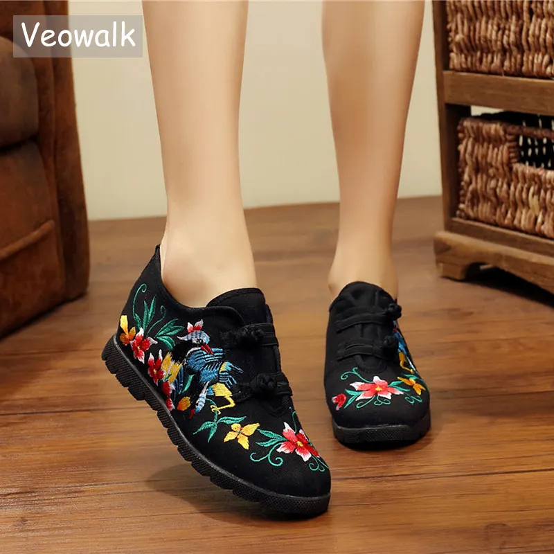 Veowalk Retro Embroidered Women Handmade Canvas Flat Platforms Double ...