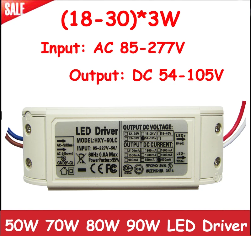 1pcs High Power 50w 60w 70w 80w Led Driver (18-30)x3w 600ma Dc54-105v ...