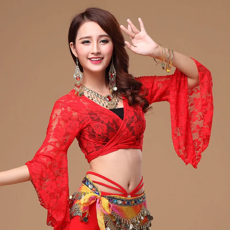 Belly Dance Shirt Belly Dance Top Women Deep V Neck Flare Sleeve Top Girls Belly Dance Sexy Lace