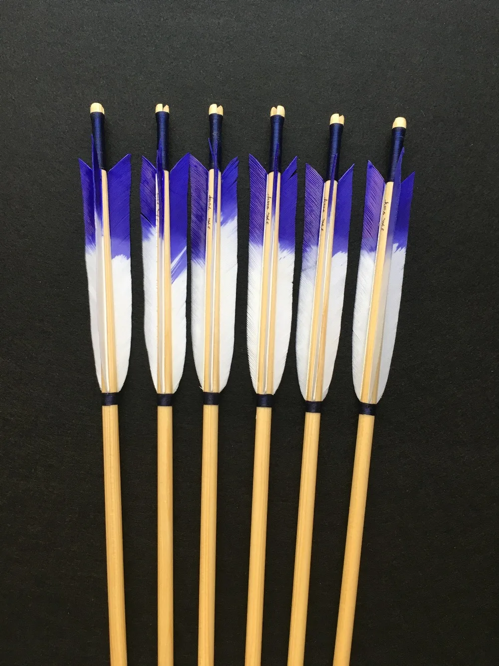 6PCS blue white Wood Hunting Arrows With Strip Turkey Feather For ...