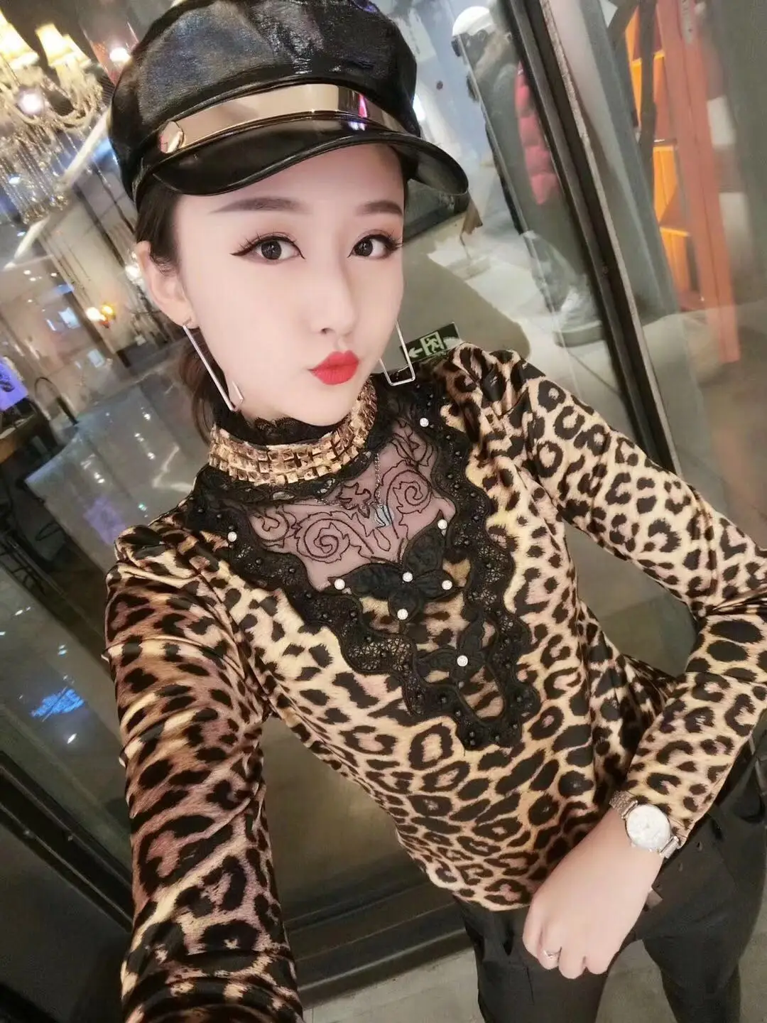 2020 Spring Sexy Hollow Out Lace Patchwork Leopard Satin T shirts Women Fashion Gemstones Satin ...