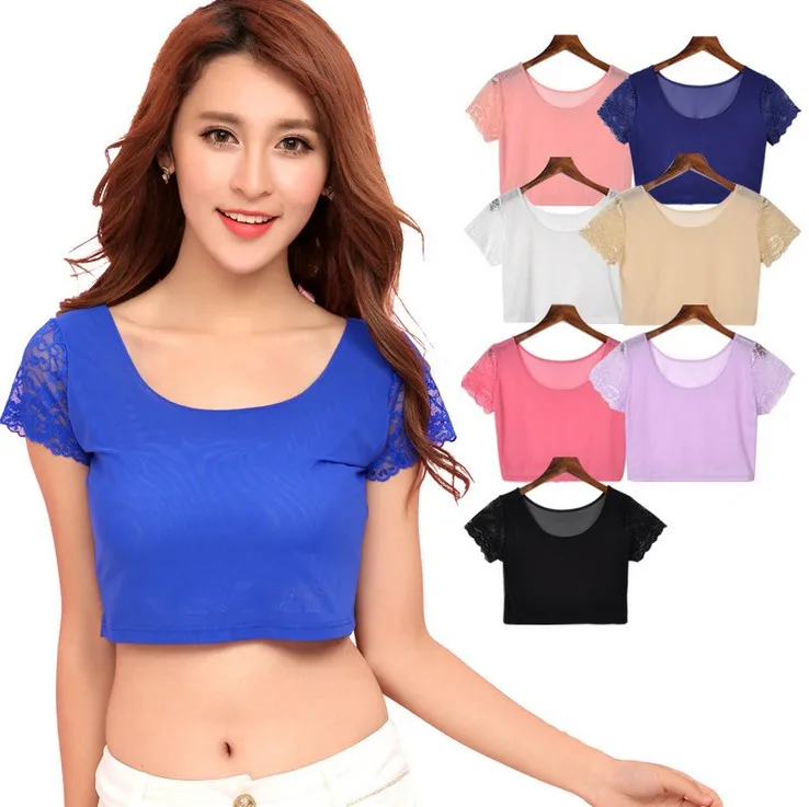 11 Colors Women Bodycon Elastic Mesh Crop Tops Patch Lace Sleeves Girl ...