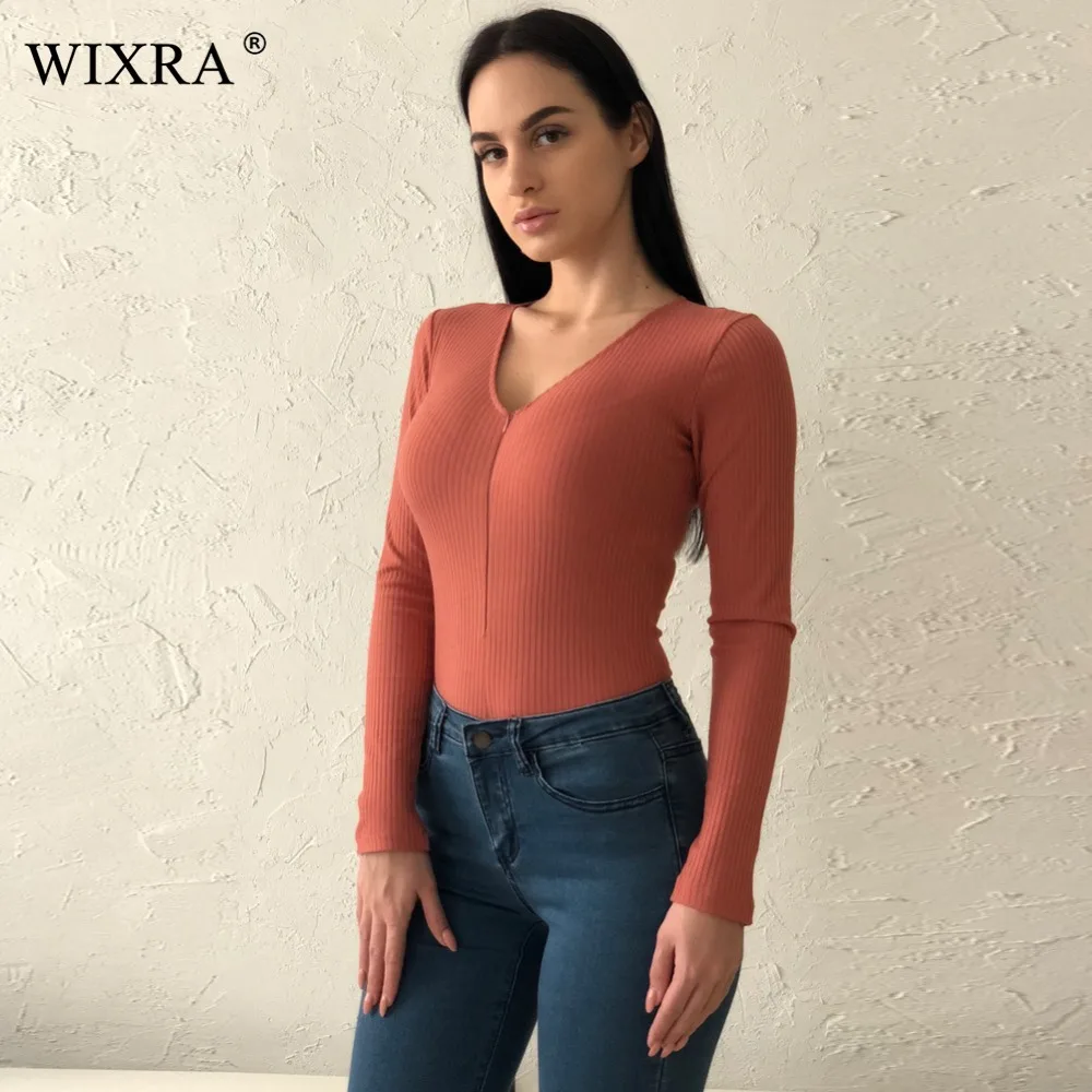 WIXRA Basic V neck Bodysuits Women Bodysuits Zipper Long Sleeve Rib ...