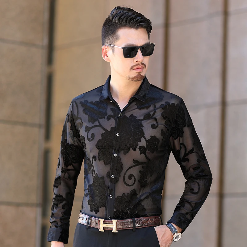 New 2018 autumn & spring male see through floral shirt sexy mens ...