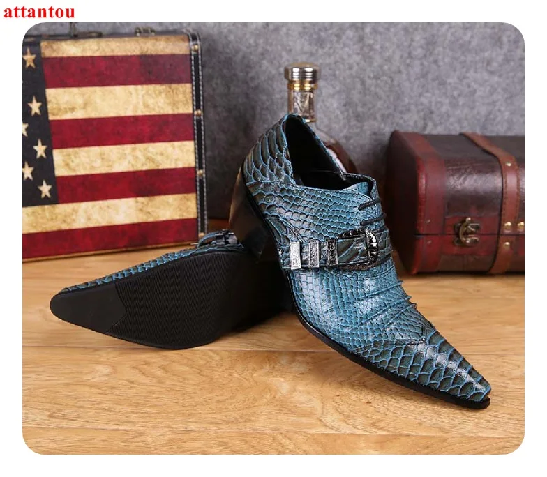 Hot Sale Blue Snakeskin Pointed Toe Men Dress Shoes Lace Up Leather ...
