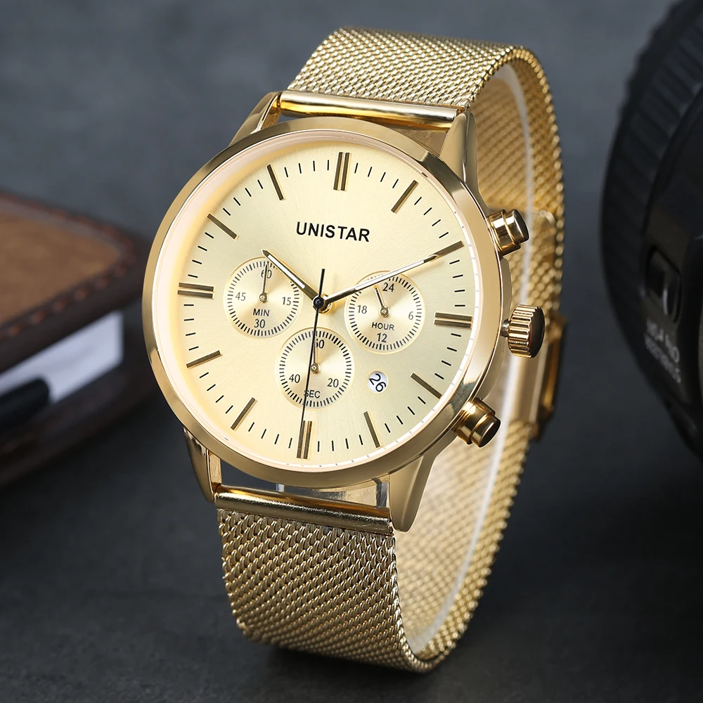 Unistar Luxury Golden Men Watch Stainless Steel Clock Quartz Top Man ...