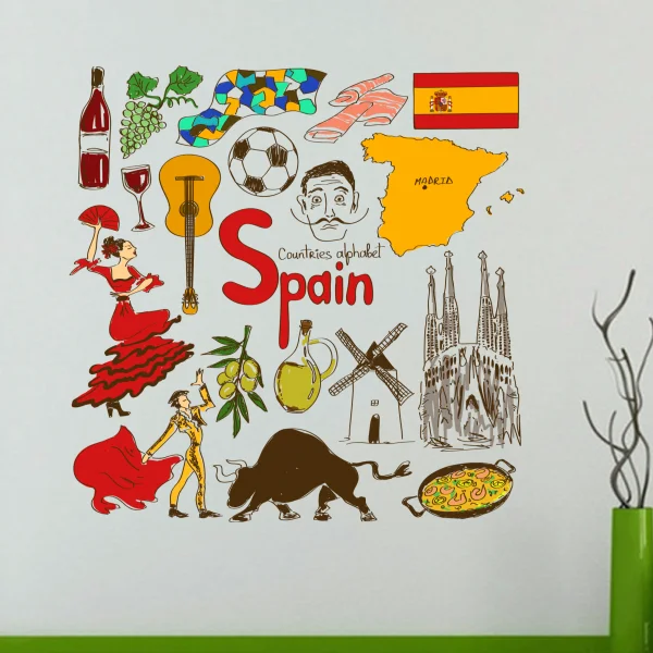 Spain Corlorful Illustration Travel The Word Landmark Wall Sticker ...