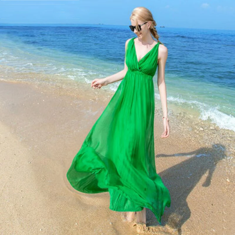 Women-Silk-dress-Long-Beach-dress-Shell-100-Natural-Silk-Solid-dress ...