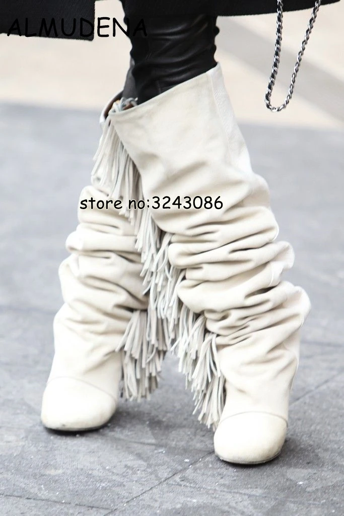 High Top Suede Black White Fringed Woman Knee High Boots Pointed Toe ...