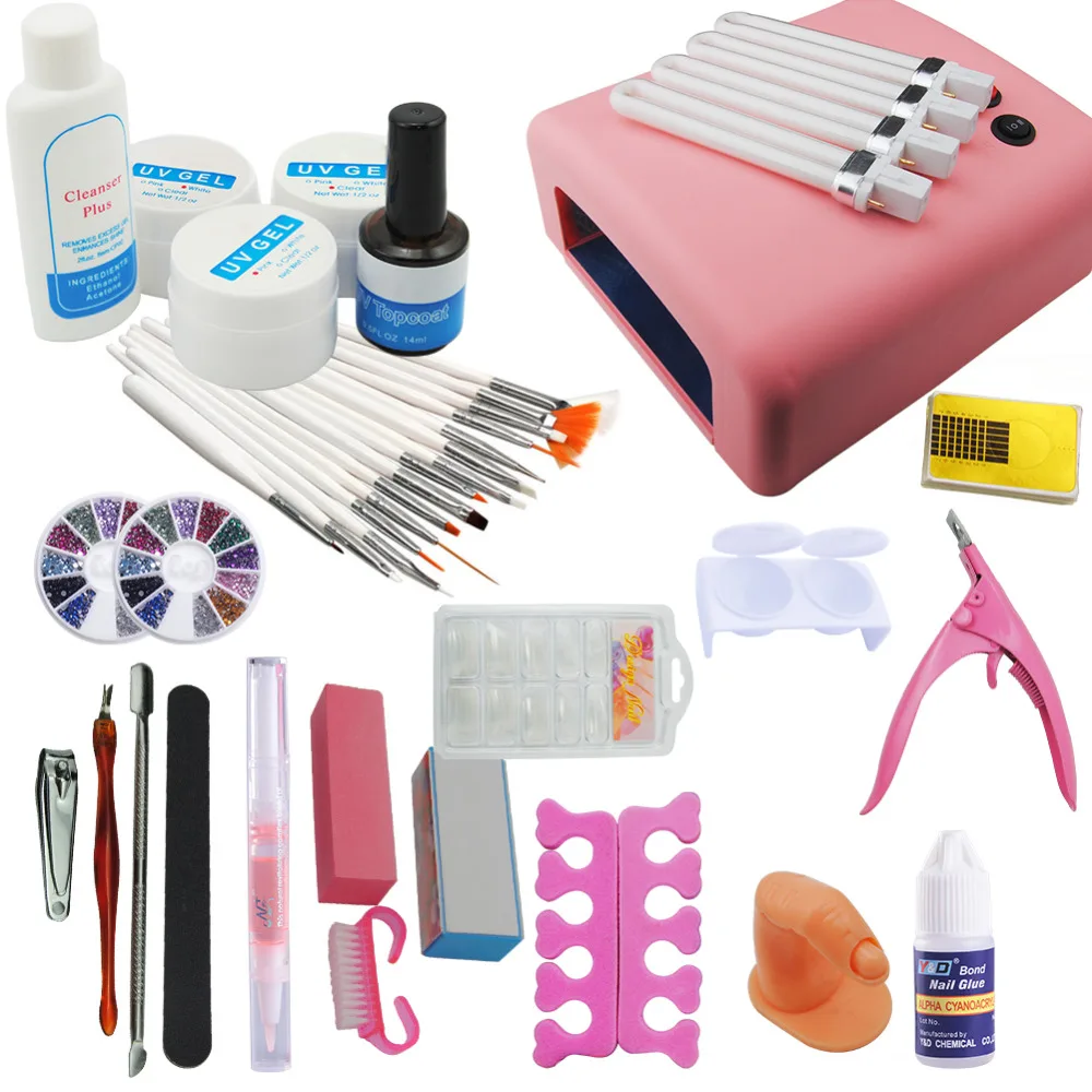 New Pro 36W Pink UV Lamp 12 Pcs Colored UV Gel Top Coat Nail Cutter