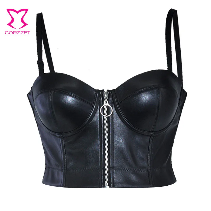 Steampunk Black PU Leather Zippper Push Up Bralet Sexy Women Bustier ...