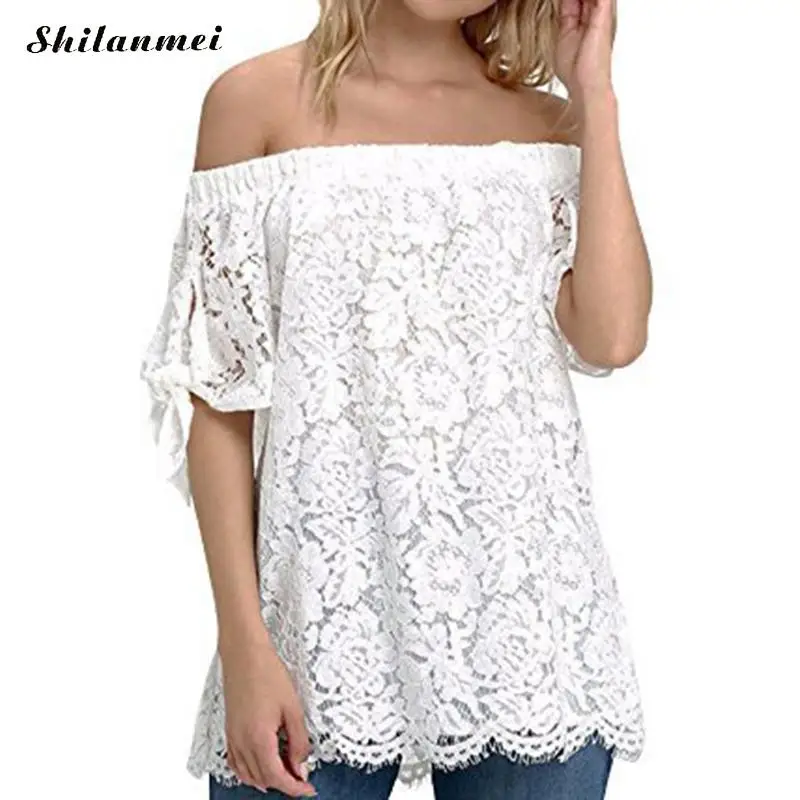 2018 Summer Fashion Lace Blouse Women Plus Size Sexy Slash Neck Off