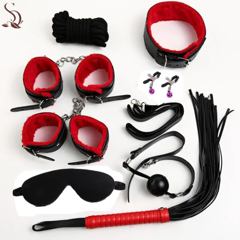 Hot Erotic 8Pcs BDSM Bondage Set Kit Collar Whip Ball Gag Cuffs Rope Restraint Adult Toy Feb16 ...