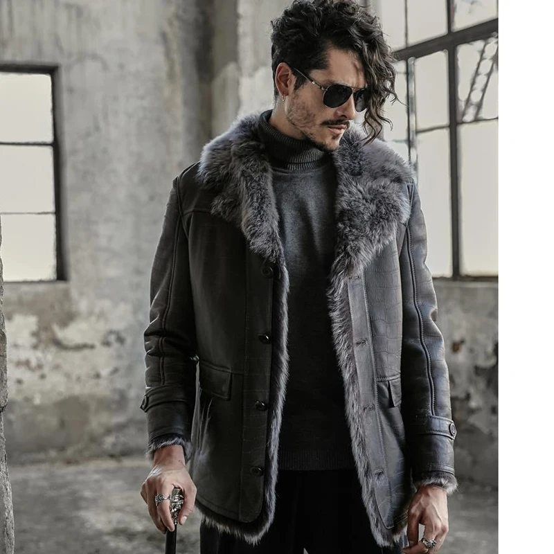 Dark Blue Long Men Shearling Fur Coat Winter Real Sheepskin
