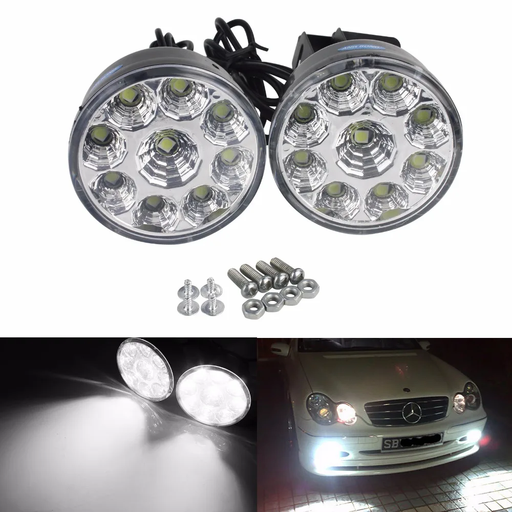ANGRONG-1-Pair-12V-Round-9-LED-White-Car-Day-Time-Running-Lights-DRL ...