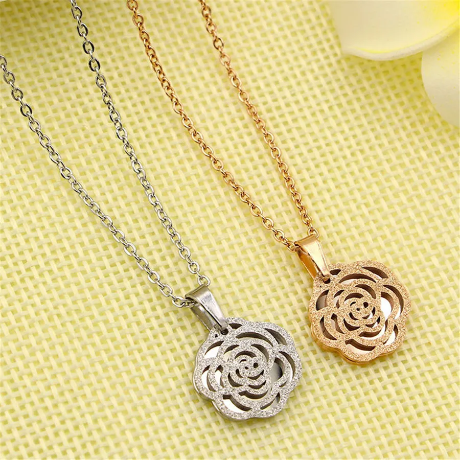Martick Ip Gold Plating Hollow Out Flower Frosted Pendant Necklace Link ...